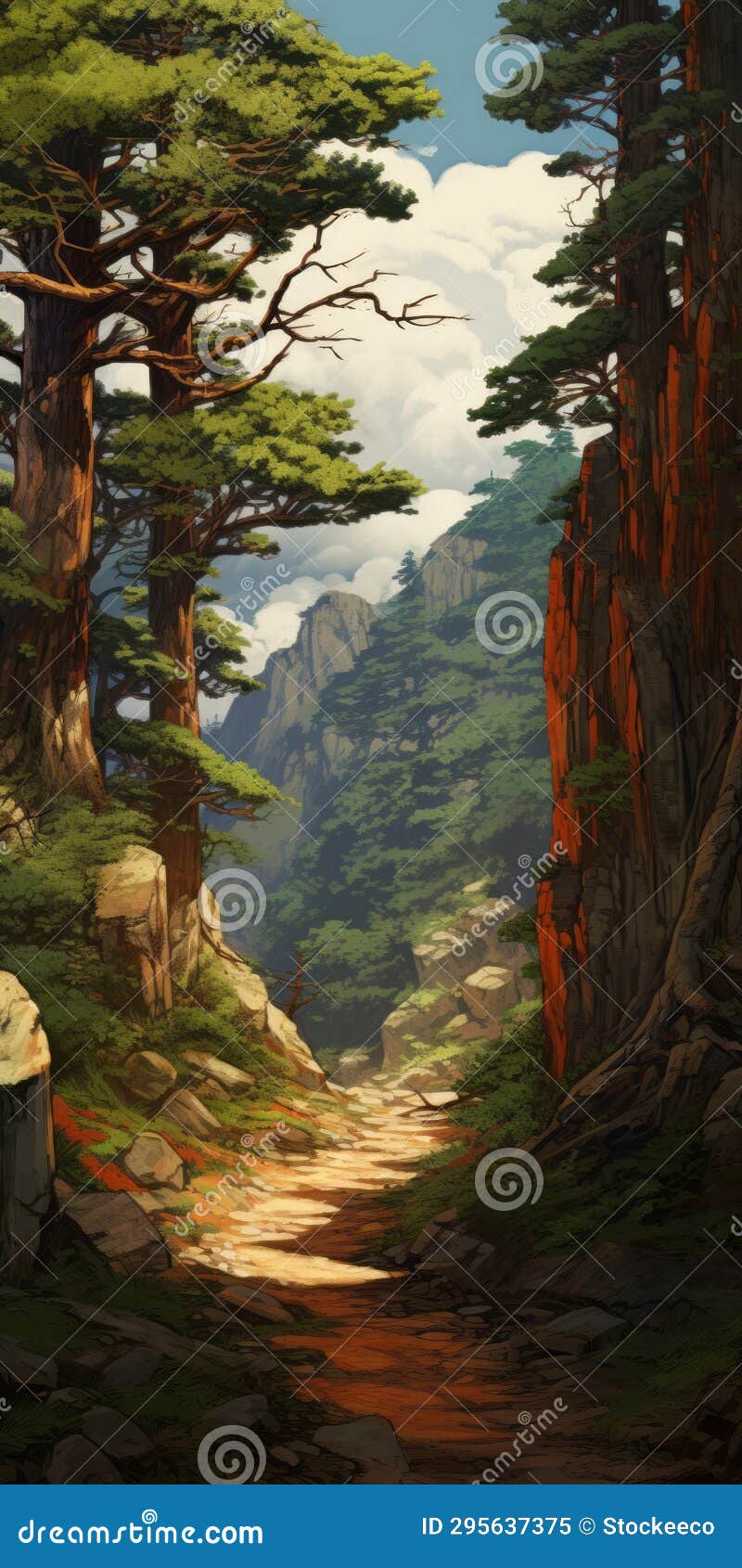 Enchanting Anime-inspired Path through Forest with Peculiar Cedar Stock ...