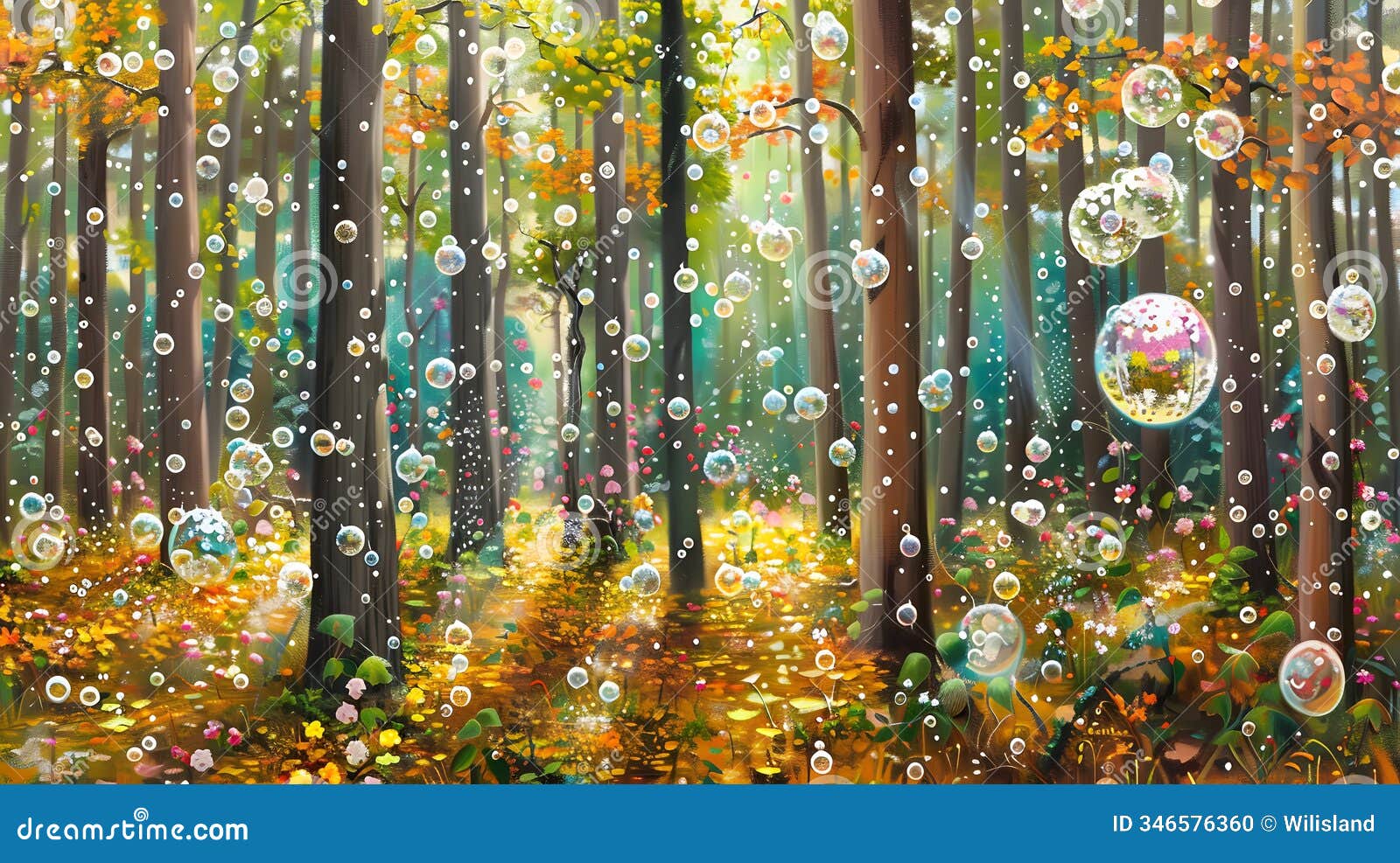 Enchanting Autumn Forest Path with Floating Iridescent Bubbles. Stock ...
