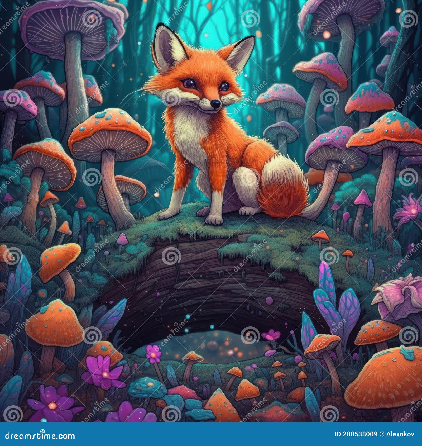 Enchanting Baby Fox Surrounded by Psychedelic Flying Mushrooms . Stock ...