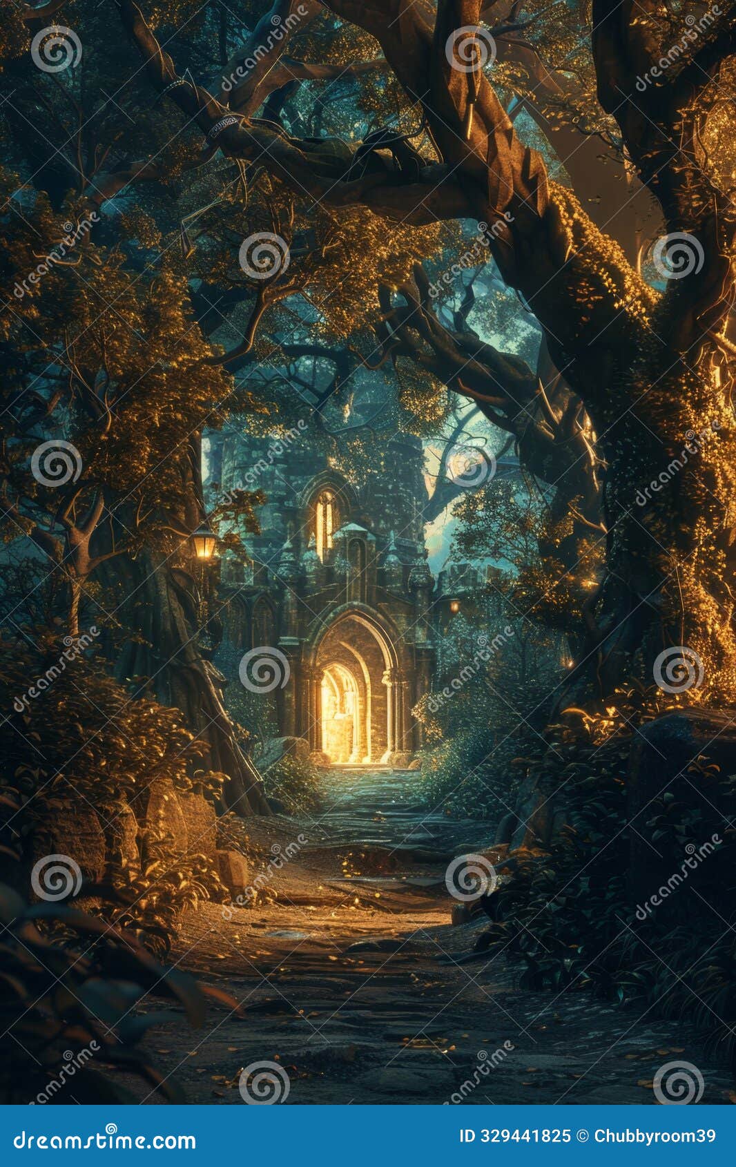 Enchanting Castle in Dark Forest with Ancient Trees Stock Illustration ...