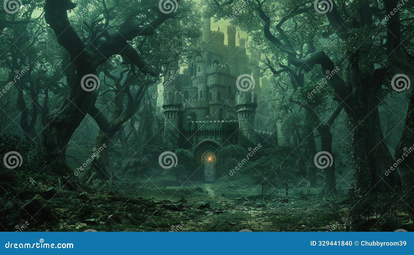 Enchanting Castle in Dark Forest with Ancient Trees Stock Illustration ...
