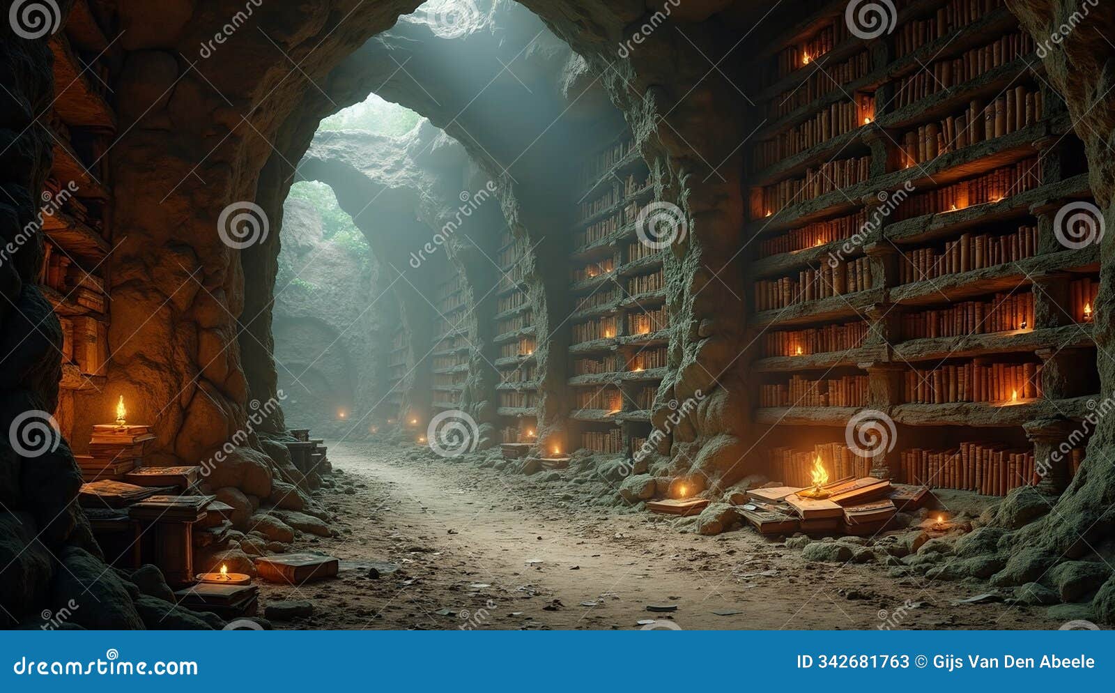 Enchanting Cave Library With Floating Books And Glowing Symbols Stock ...