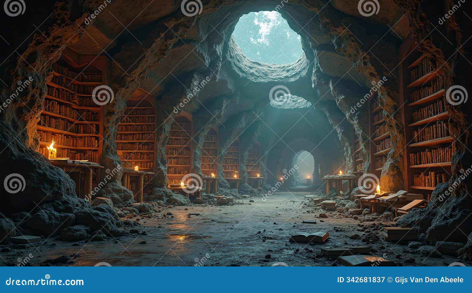 Enchanting Cave Library with Floating Books and Glowing Symbols Stock ...
