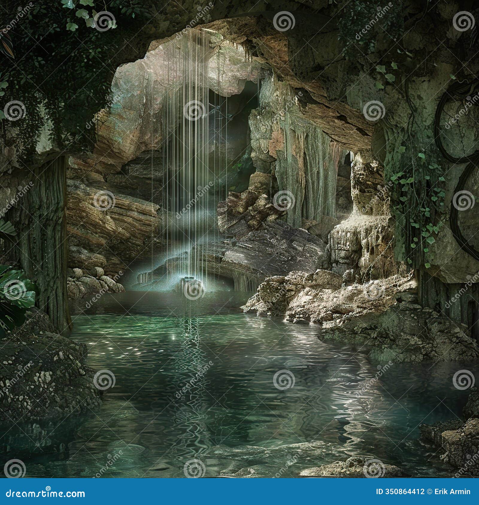 Enchanting Cave Pool with Waterfall Stock Illustration - Illustration ...