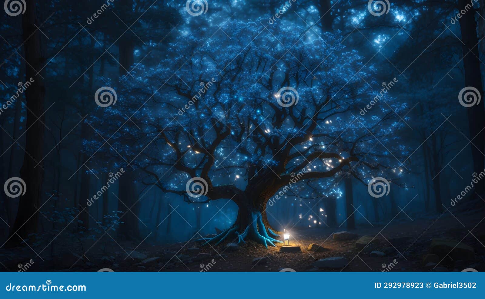 Glowing Blue Tree in Mysterious Forest Stock Illustration ...
