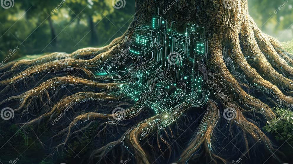 Enchanting Digital Forest: Cybernetic Tree Roots Infusing Nature with ...