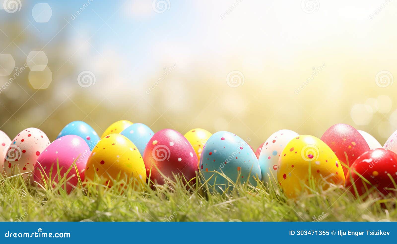 Enchanting Easter Banner Featuring Vibrant Eggs in Grass, Sun Rays ...