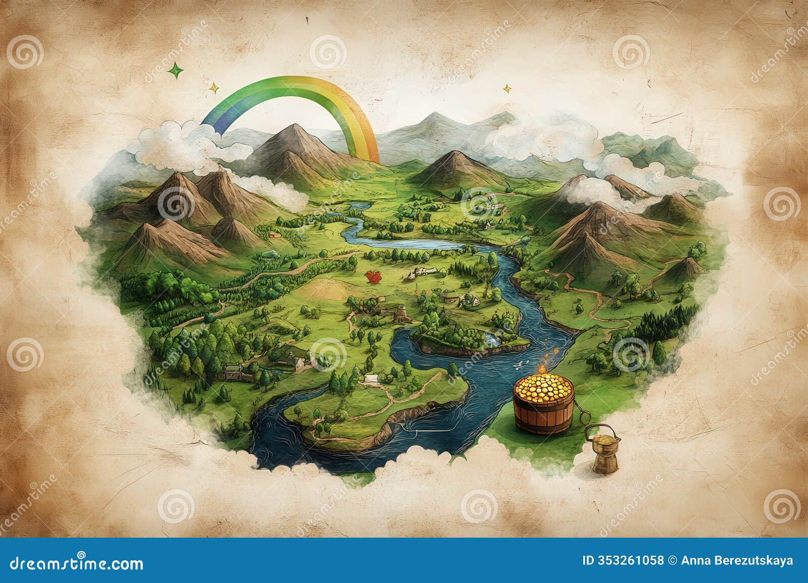 Enchanting Fantasy Map with Rainbow and Mountains Stock Photo - Image ...