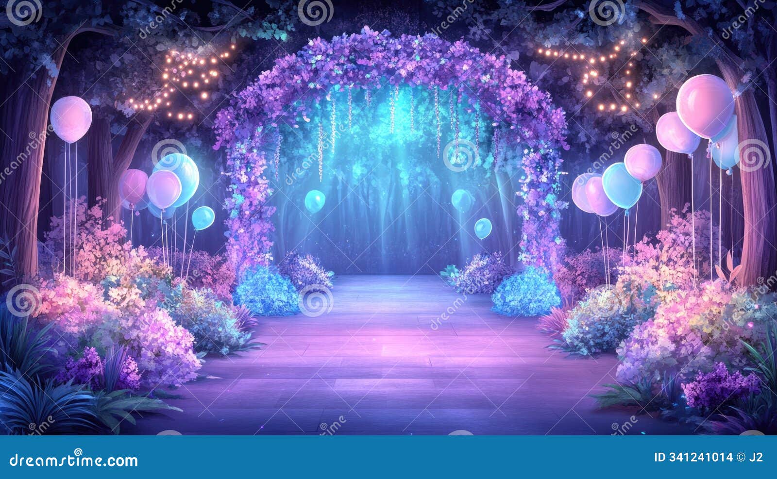 Enchanting Forest Pathway with Floral Arch and Balloon Decor Stock ...