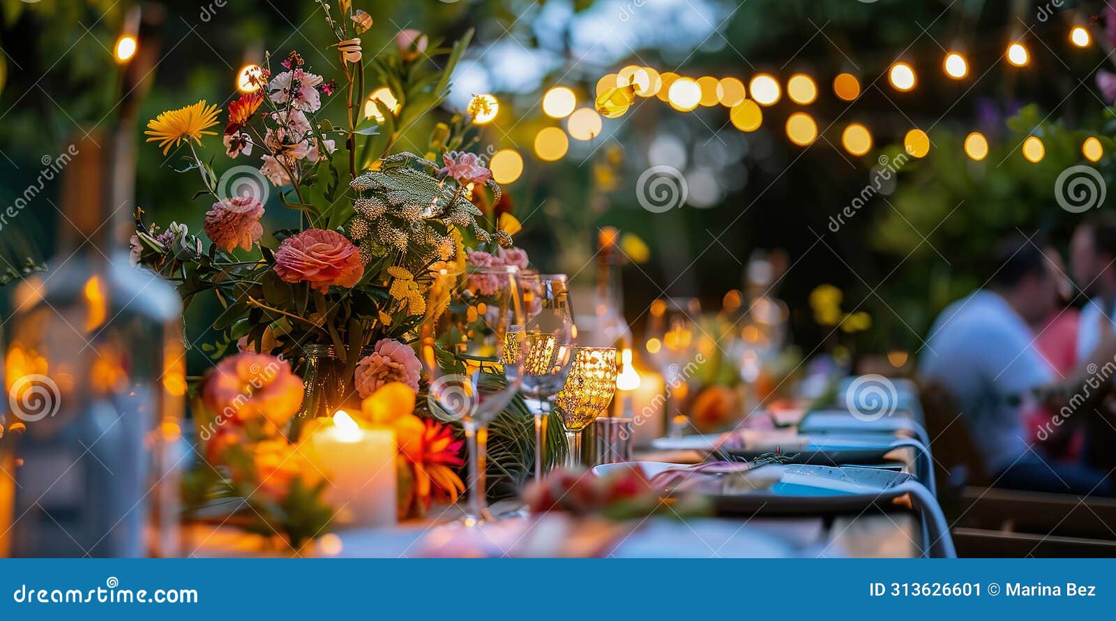 Enchanting Garden Dinner Party with String Lights at Dusk Stock Image ...