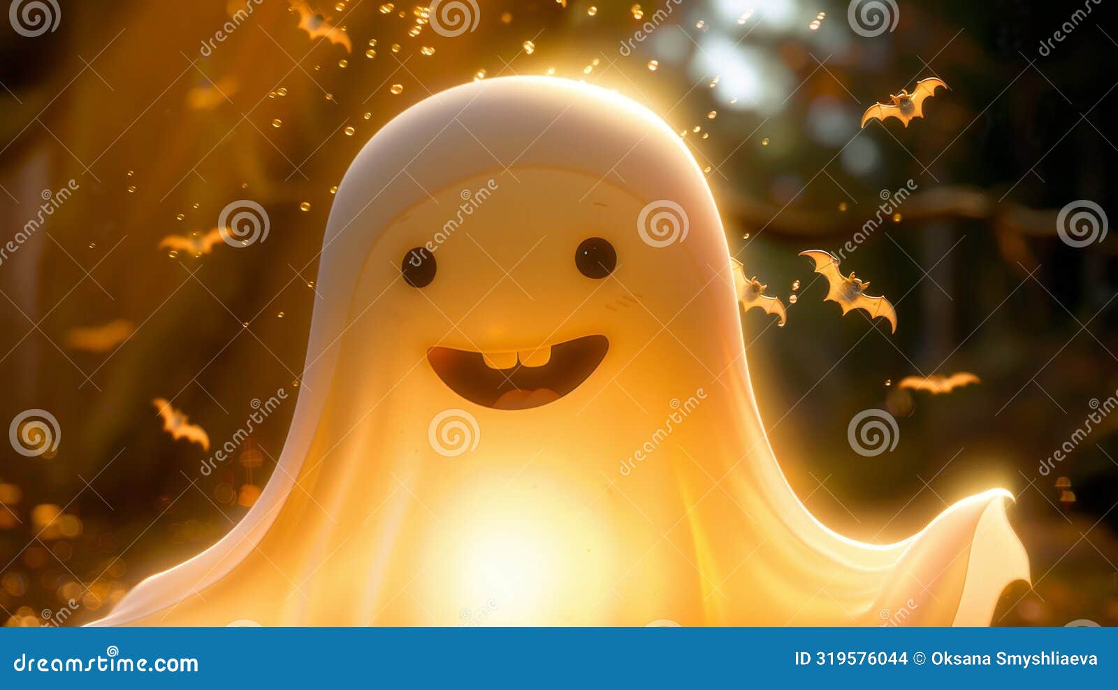 Enchanting Glow of Smiling Ghost Character in Magical Forest Stock ...