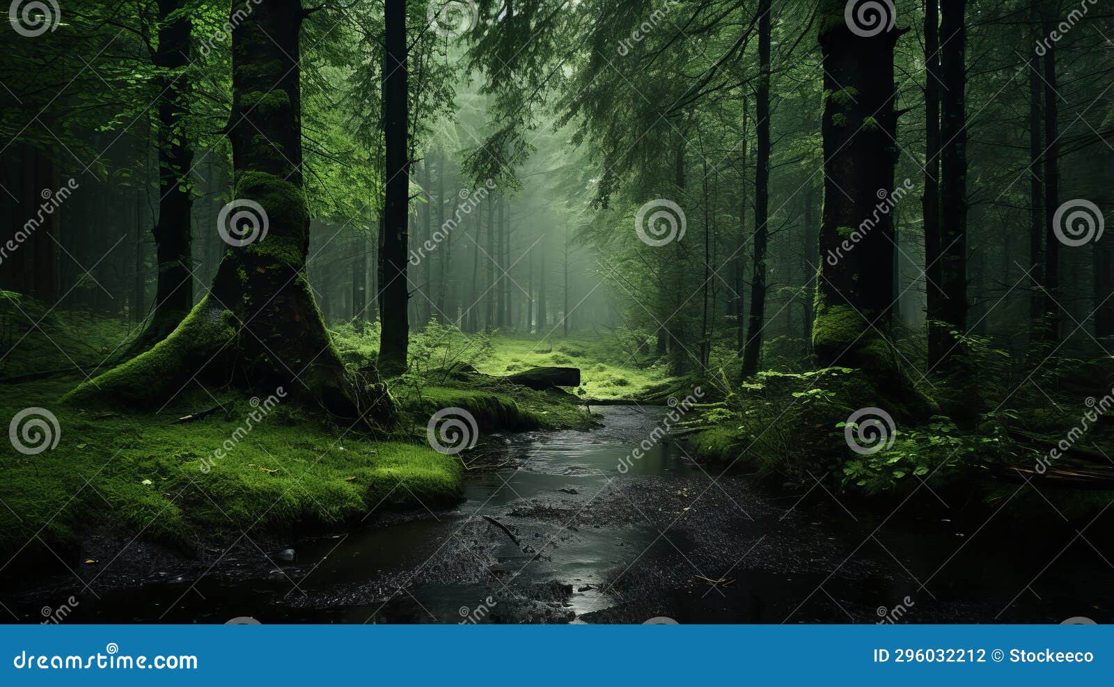 Enchanting Image of a Misty Dark Forest Stream Stock Illustration ...