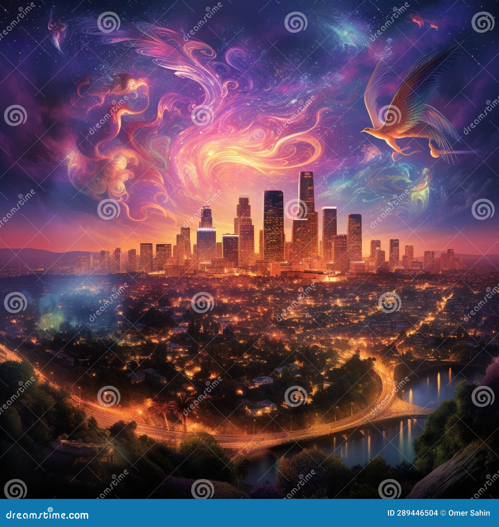 Enchanting Los Angeles Sunset with Mythical Creature Soaring through ...