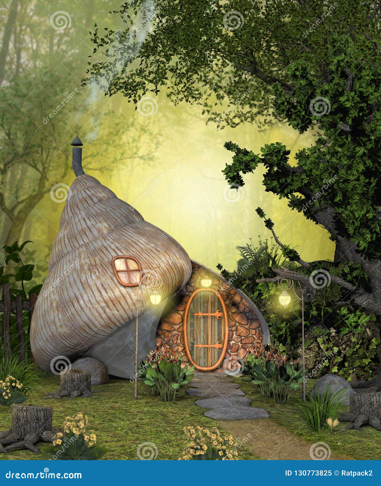 Enchanting Magical Fairy Shell Home in a Deep Forest Stock Illustration ...