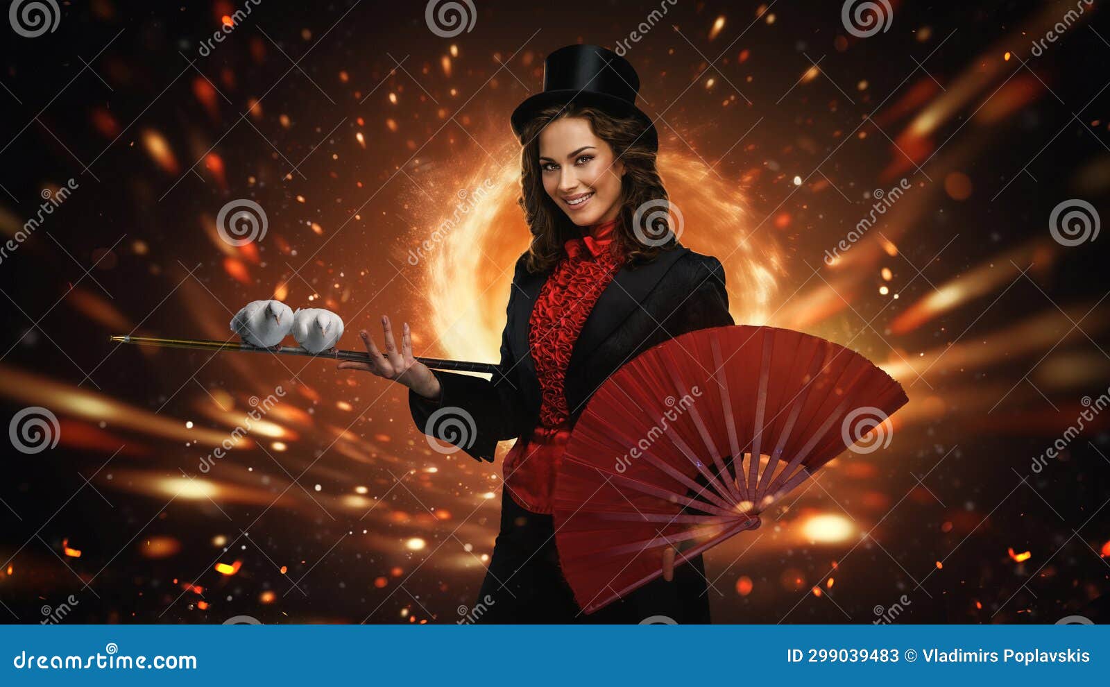 Enchanting Magician with Fire and Fan Stock Image - Image of flames ...