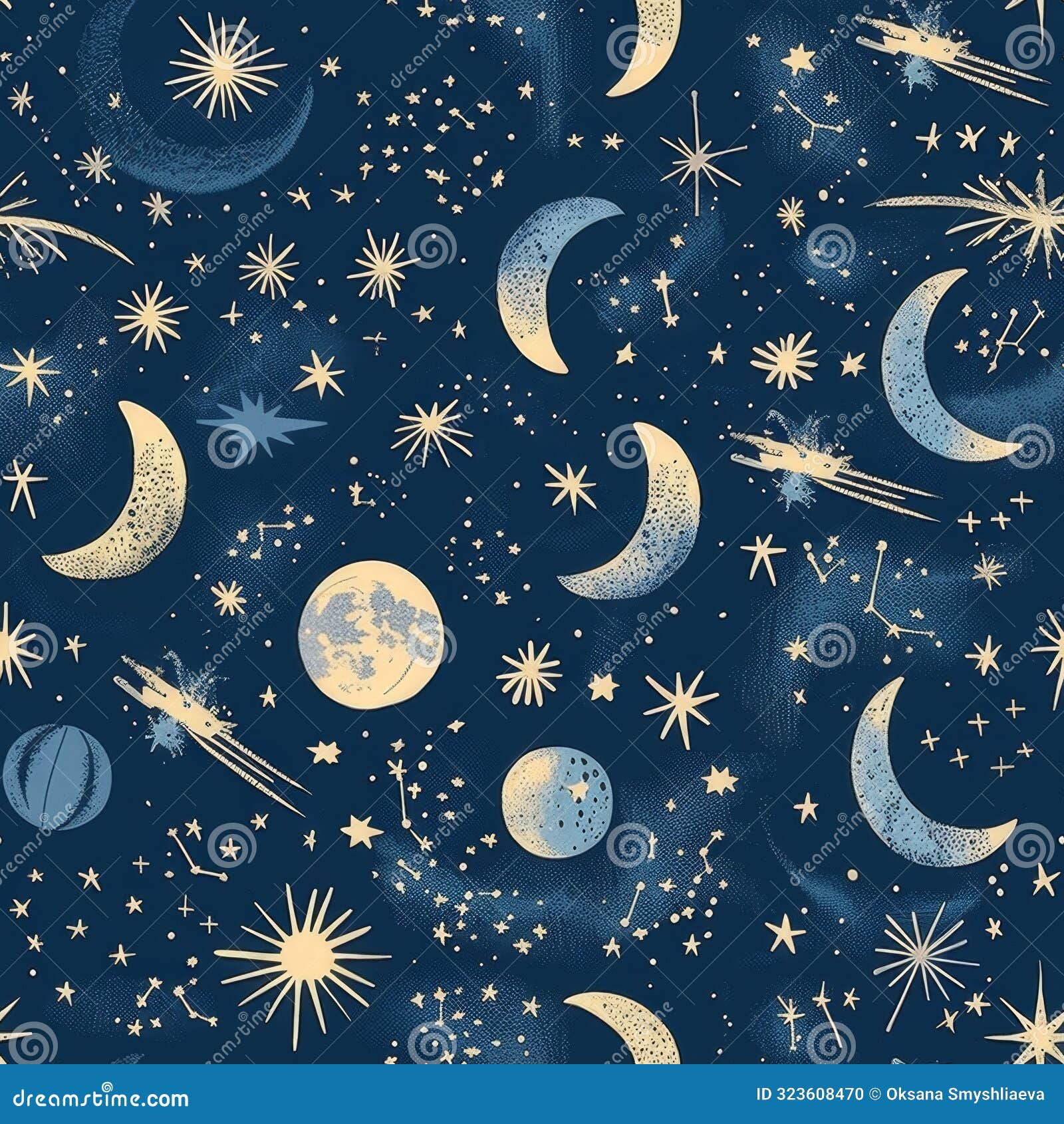 Enchanting Midnight Blue Celestial Pattern with Moons and Stars Stock ...