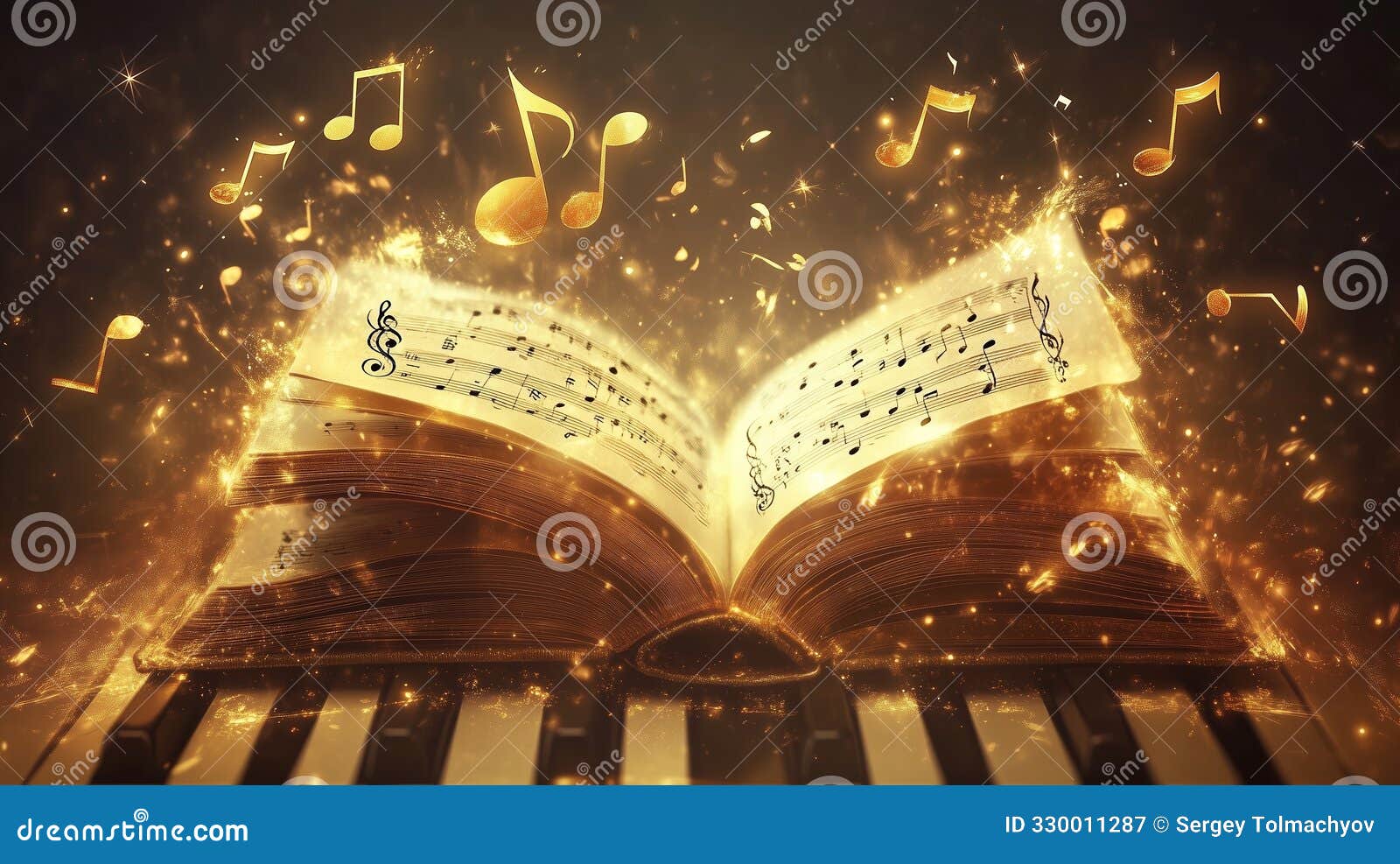 An Open Book with Musical Notes Floating Over a Keyboard in a Magical ...