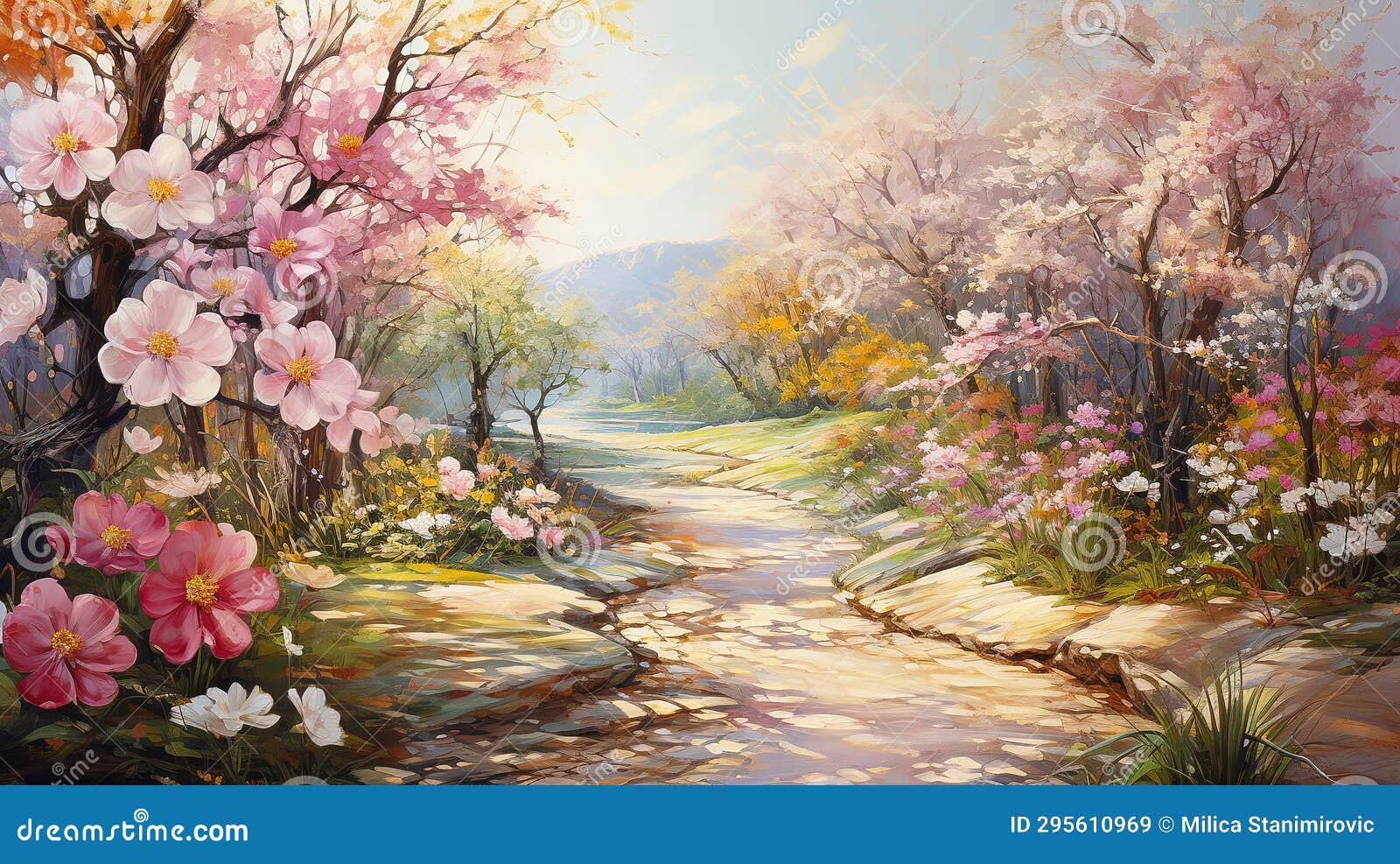 Enchanting Pastel Garden with Trees and Flowers Around Path Stock ...