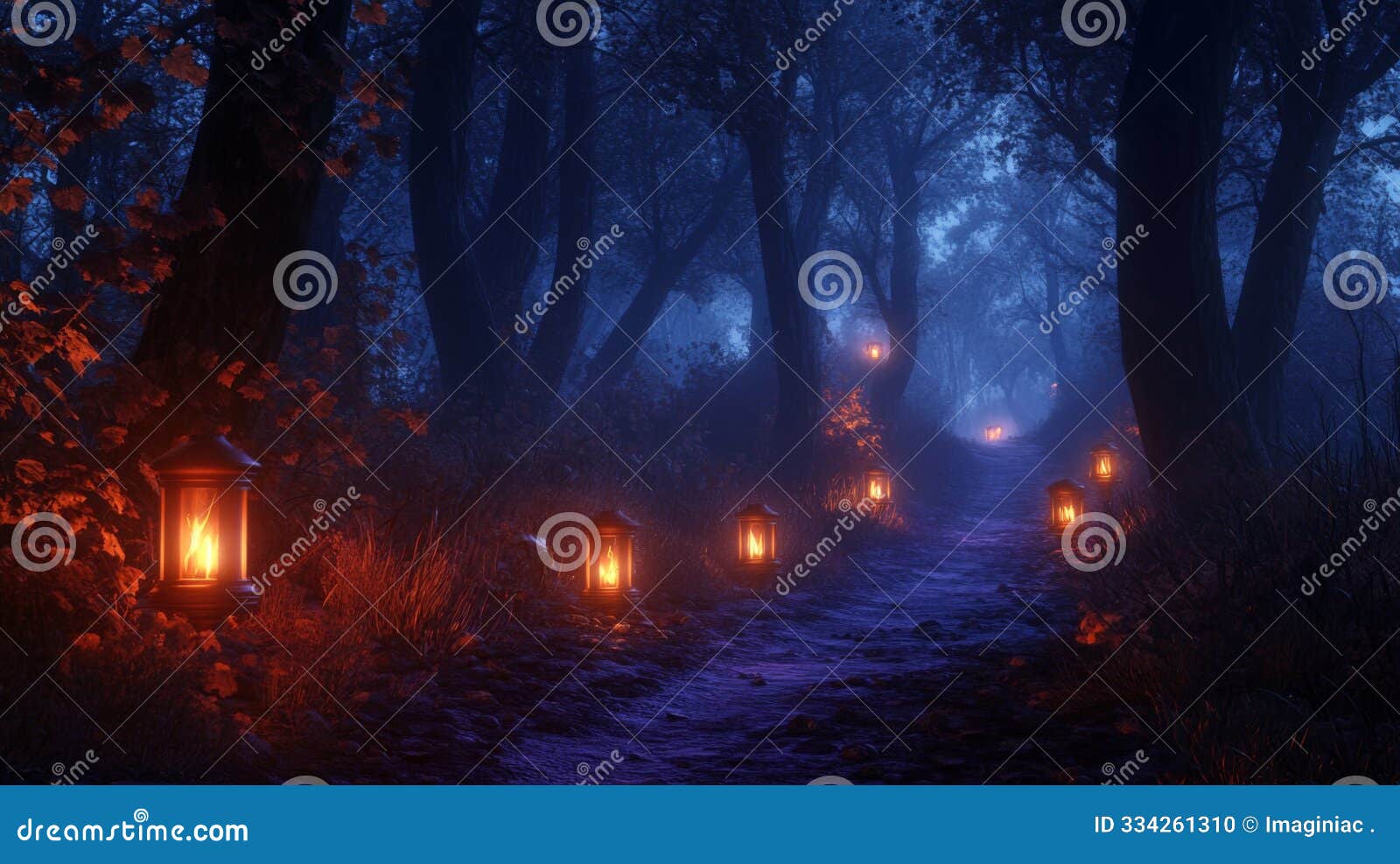 Enchanting Path Lit by Lanterns through a Foggy Forest at Night Stock ...
