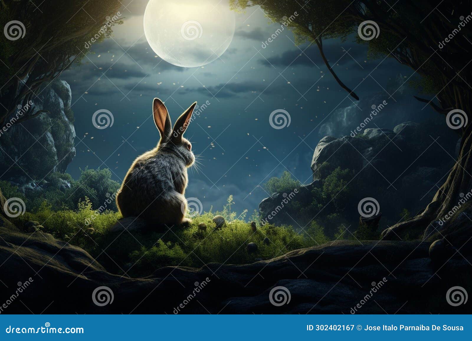 Enchanting Scene Of A Rabbit Gazing At A Full Stock Image ...
