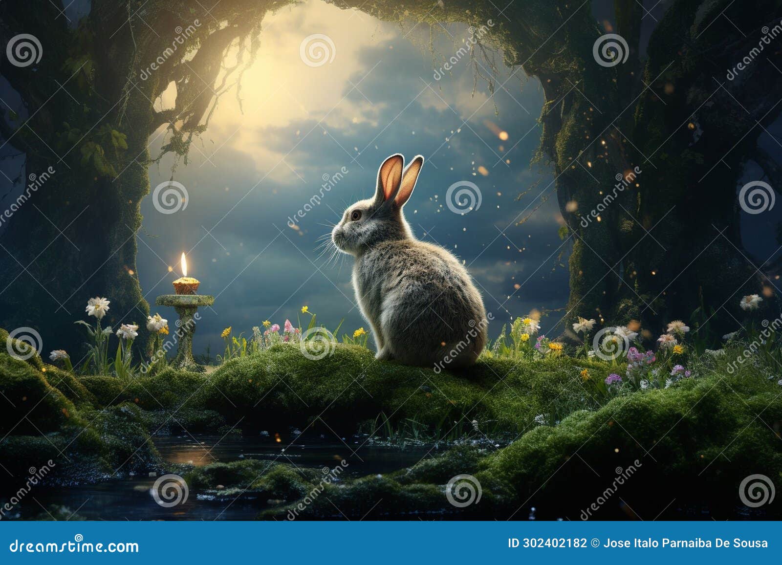 Enchanting Scene of a Rabbit Gazing at a Full Stock Illustration ...