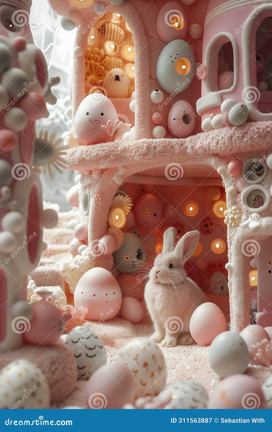 Enchanting Scene with Whimsical Structures and White Rabbit Stock Image ...