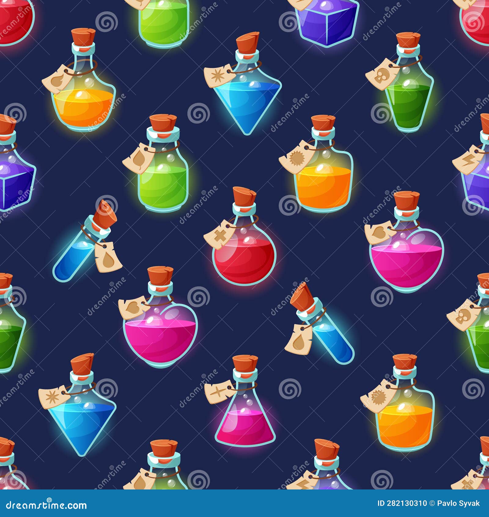 Enchanting Seamless Pattern Featuring Variety of Magic Potion Bottles ...