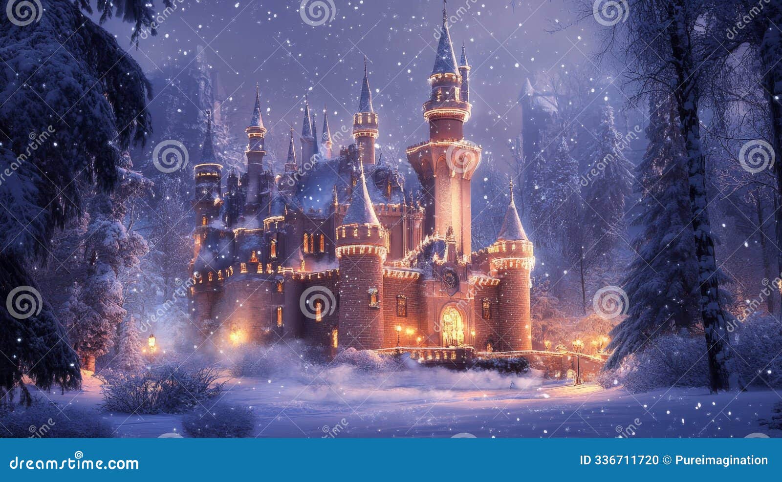 Enchanting Snow-Covered Castle in a Snowy Forest at Night Stock ...