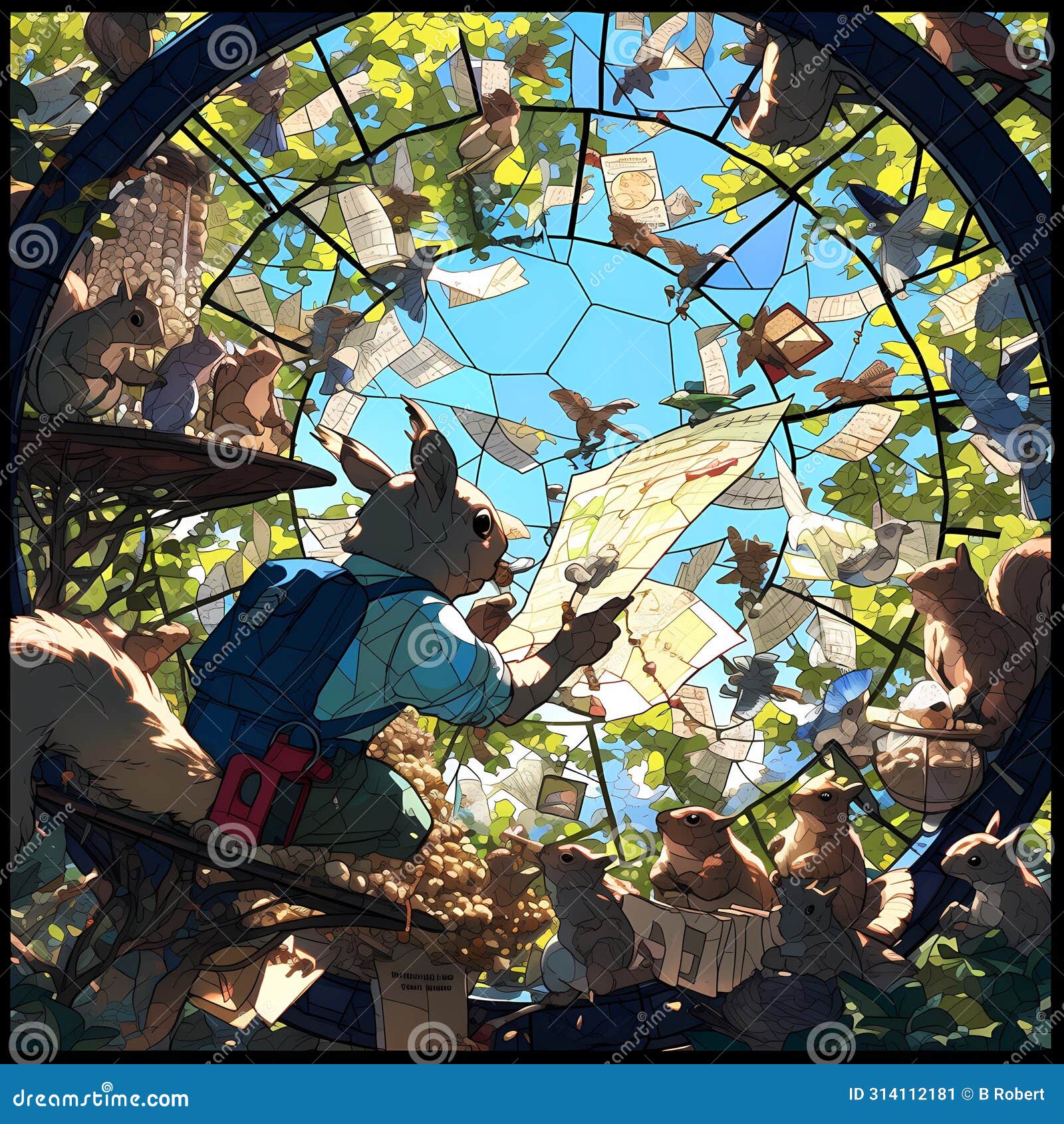 Enchanting Stained Glass Fantasy - Squirrels and Map Stock Illustration ...