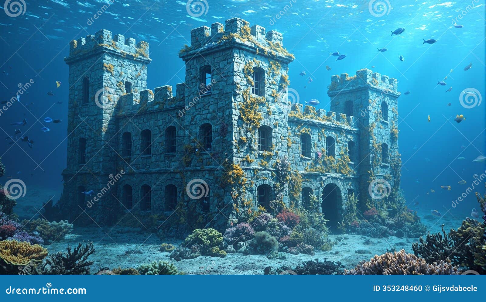 Enchanting Underwater Castle with Coral and Fish Stock Illustration ...