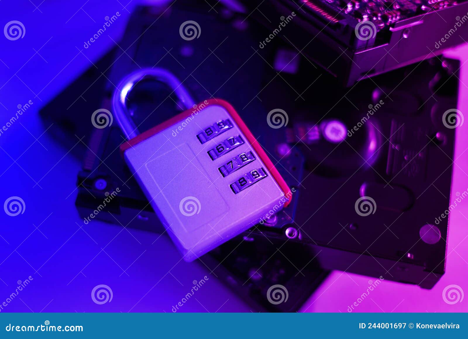 Encrypted Hard Disk. Padlock with Cipher on an Opened Hard Disk. Data ...