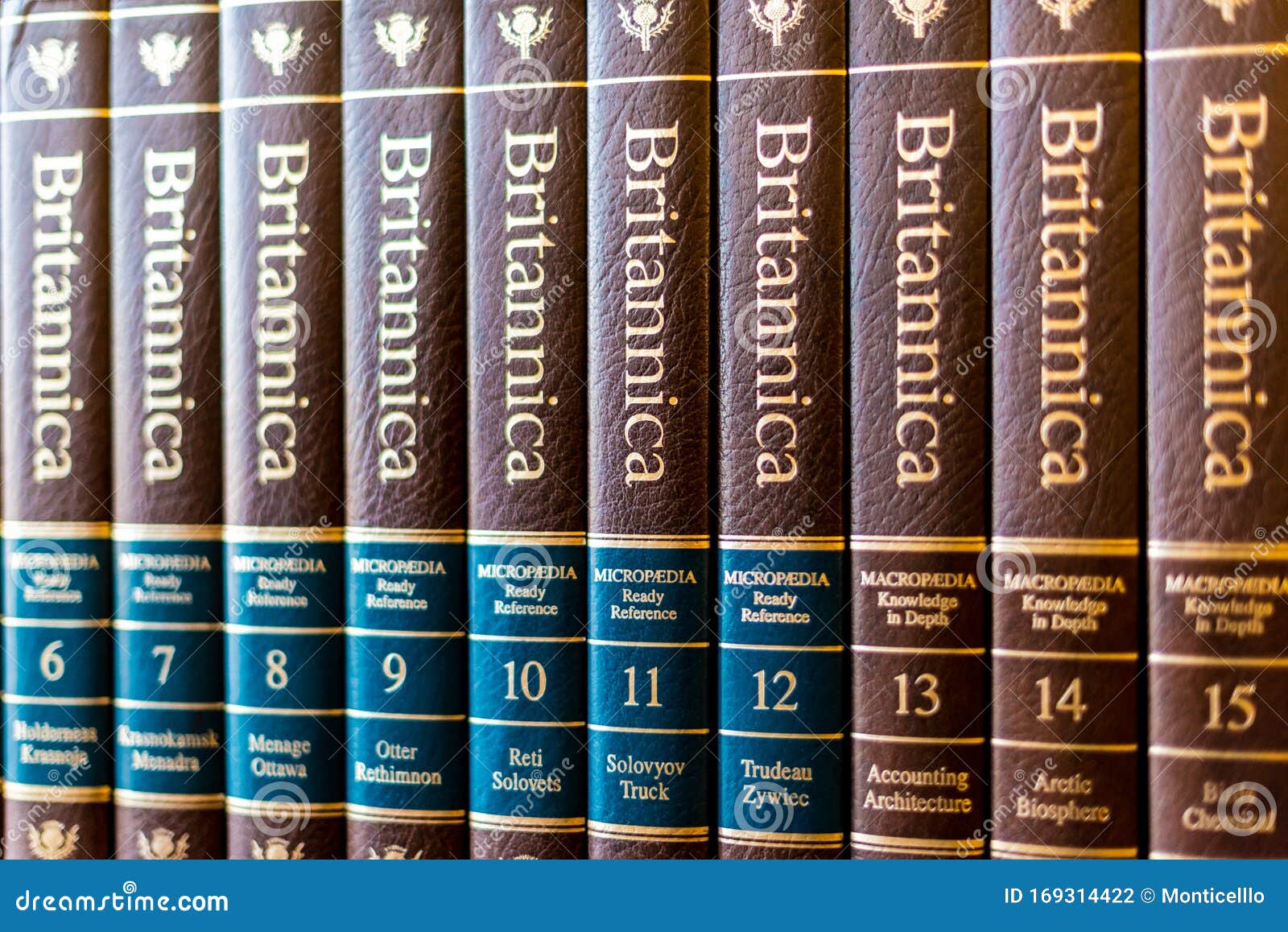 Encyclopedia Britannica Volumes on a Shelf in a Public Library ...