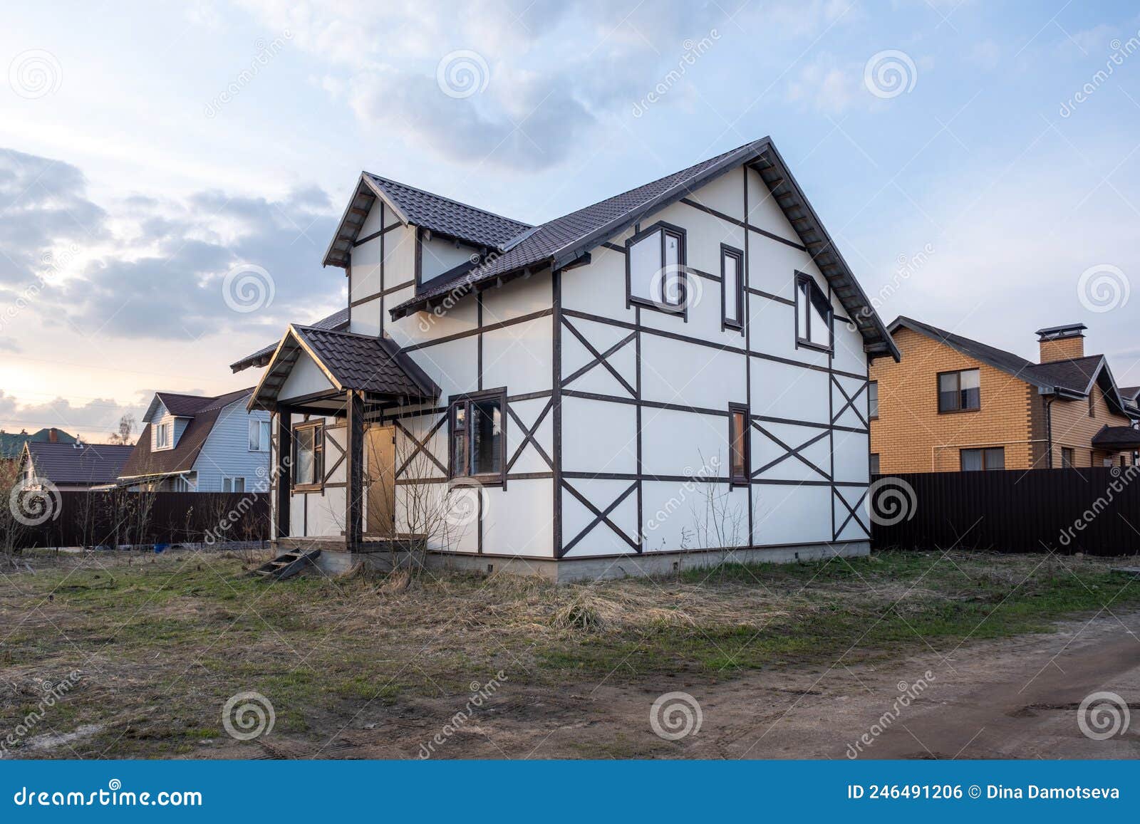End of Construction. the House is Built on a Plot Surrounded by Other ...