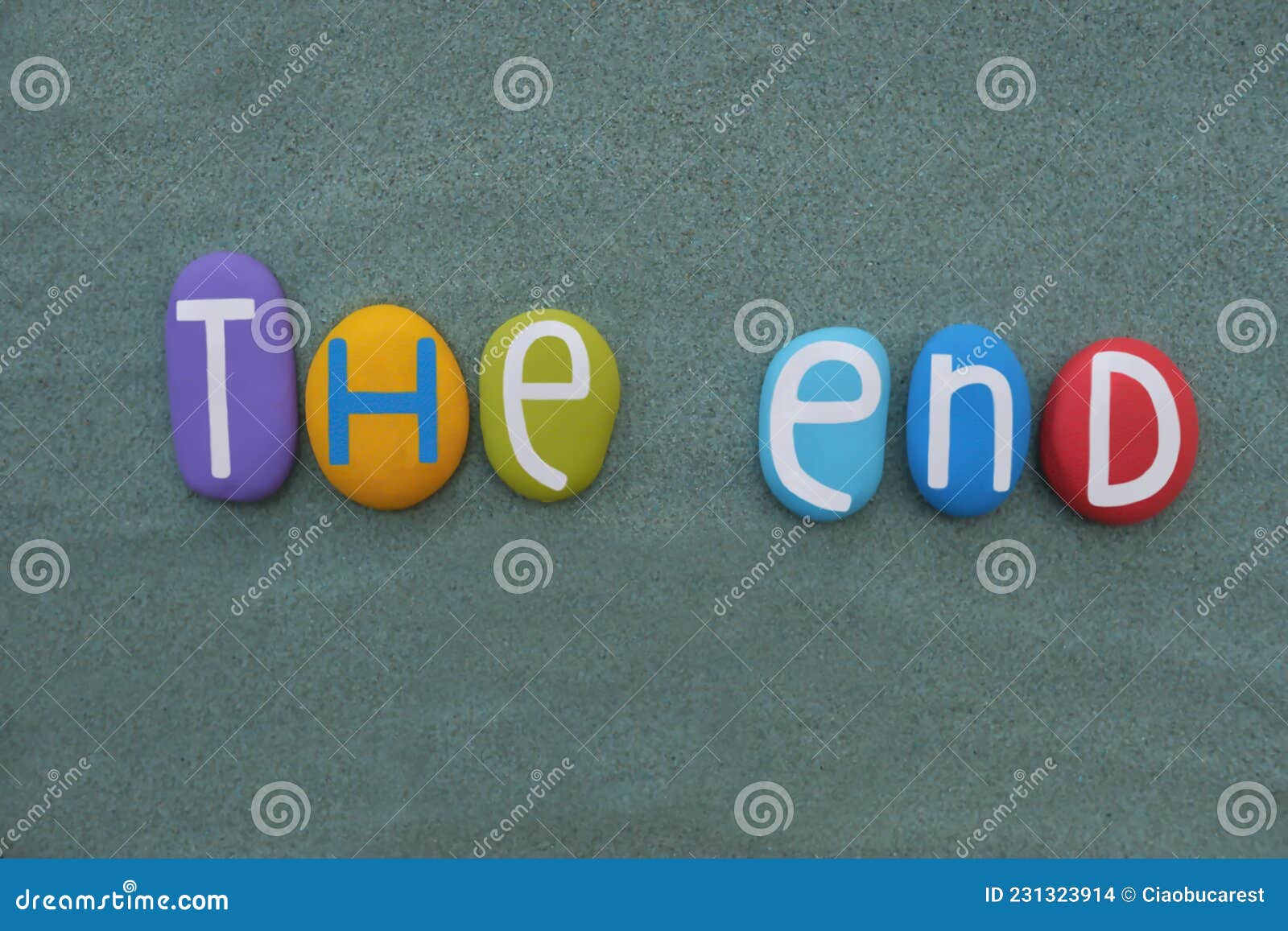 The End, Creative Text Composed with Multi Colored Stone Letters Over ...