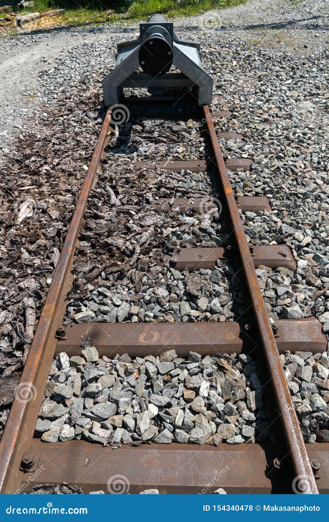 End of Narrow Gauge Railroad Track with a Buffer Stop Stock Photo ...