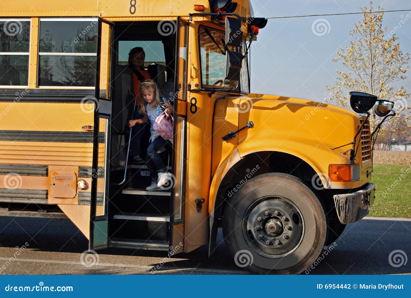 Young girl on school bus stock photo. Image of light, stop - 6954442