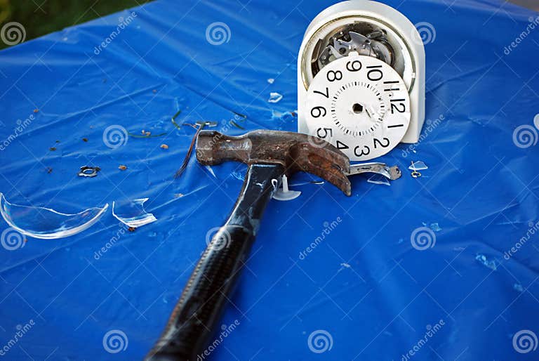 Hammer with Smashed Alarm Clock Stock Image - Image of crunch, wreck ...