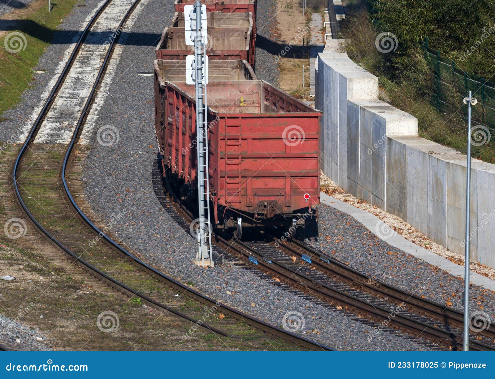 End of the Train with Empty Iron Wagons at the Train Station Stock ...