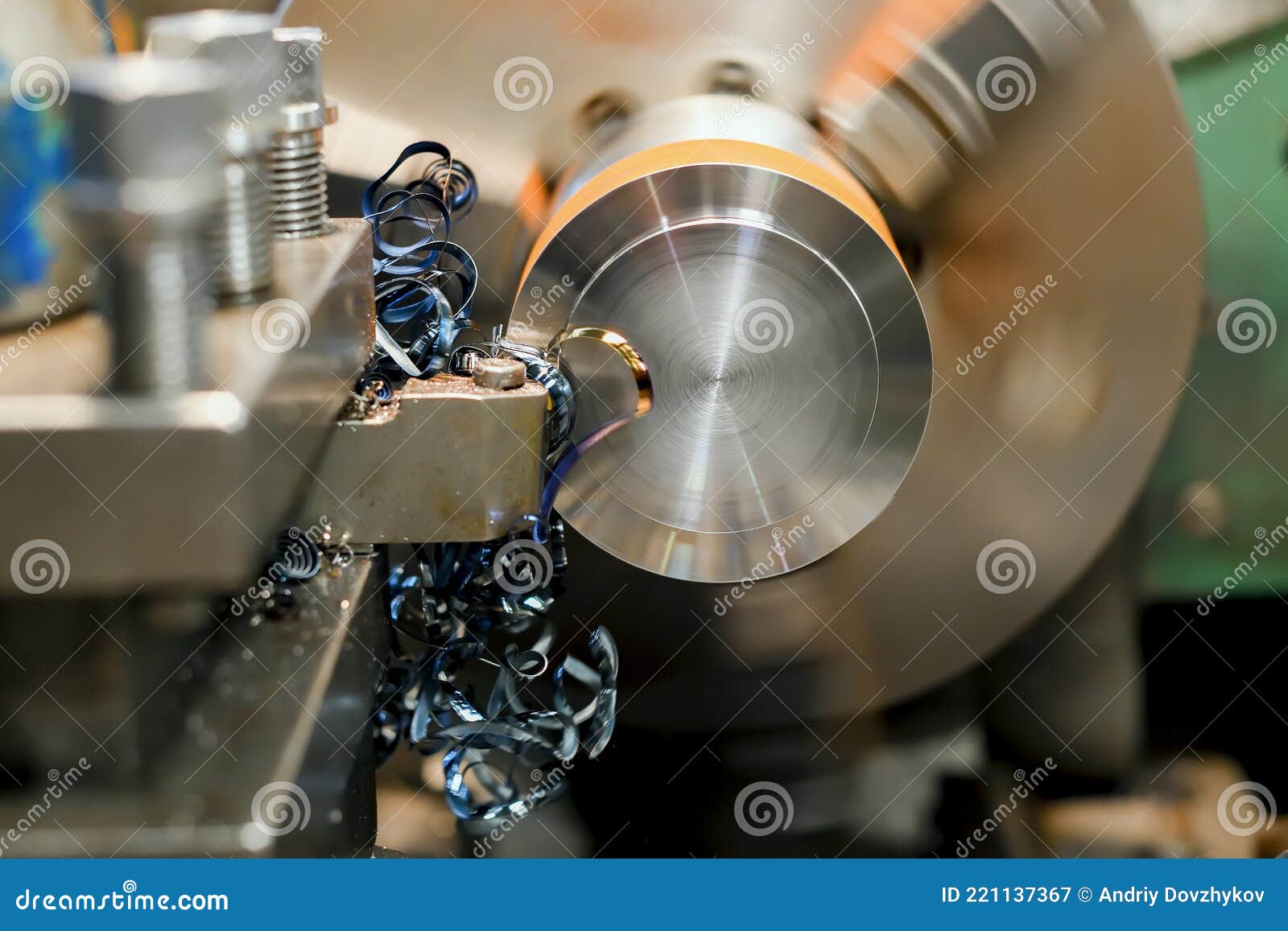 End Trimming with a Cutter on a Lathe. Metal Shavings on the Machine ...