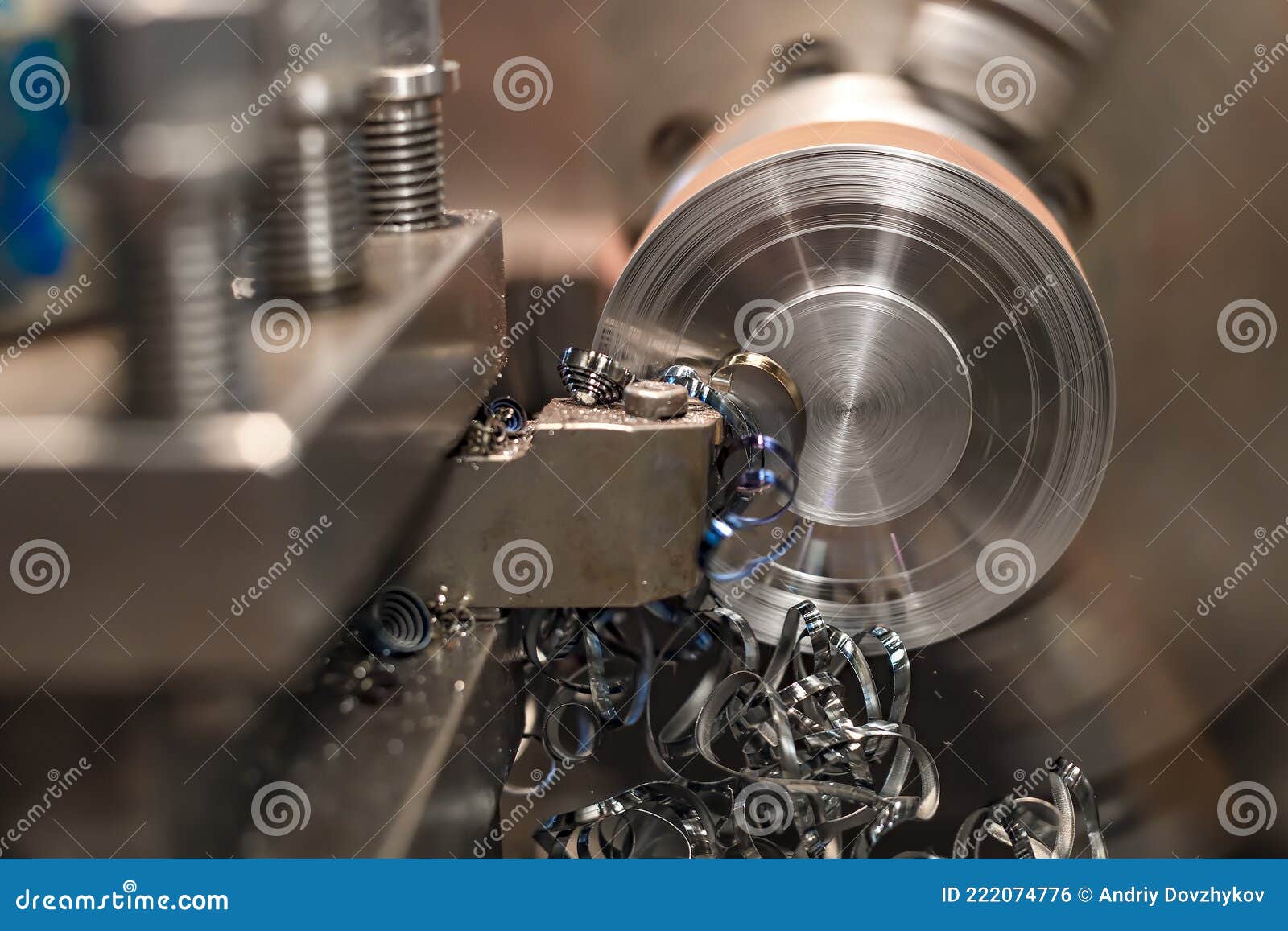 End Trimming with a Cutter on a Lathe. Metal Shavings on the Machine ...