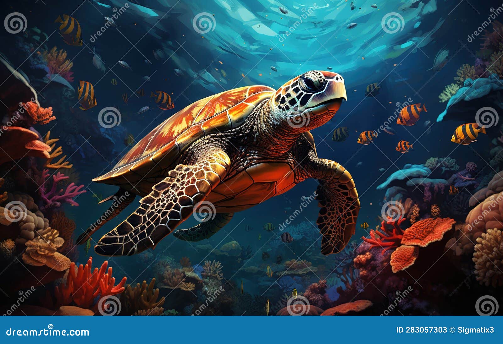 Endangered Sea Turtle Swimming In Blue Water, Beautiful And Cute Stock ...