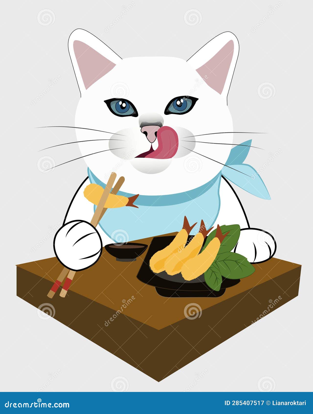 A Hungry White Cat Eagerly Eating His Tempura Stock Vector ...