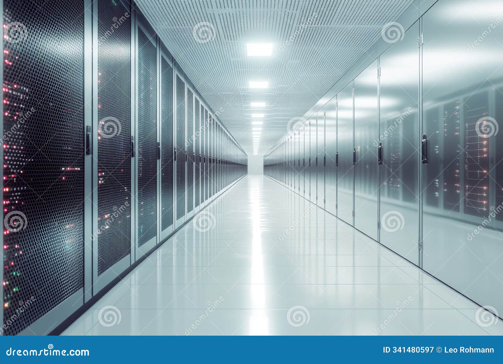 Endless Corridor of Data Center Racks with Blinking Lights Reflecting ...