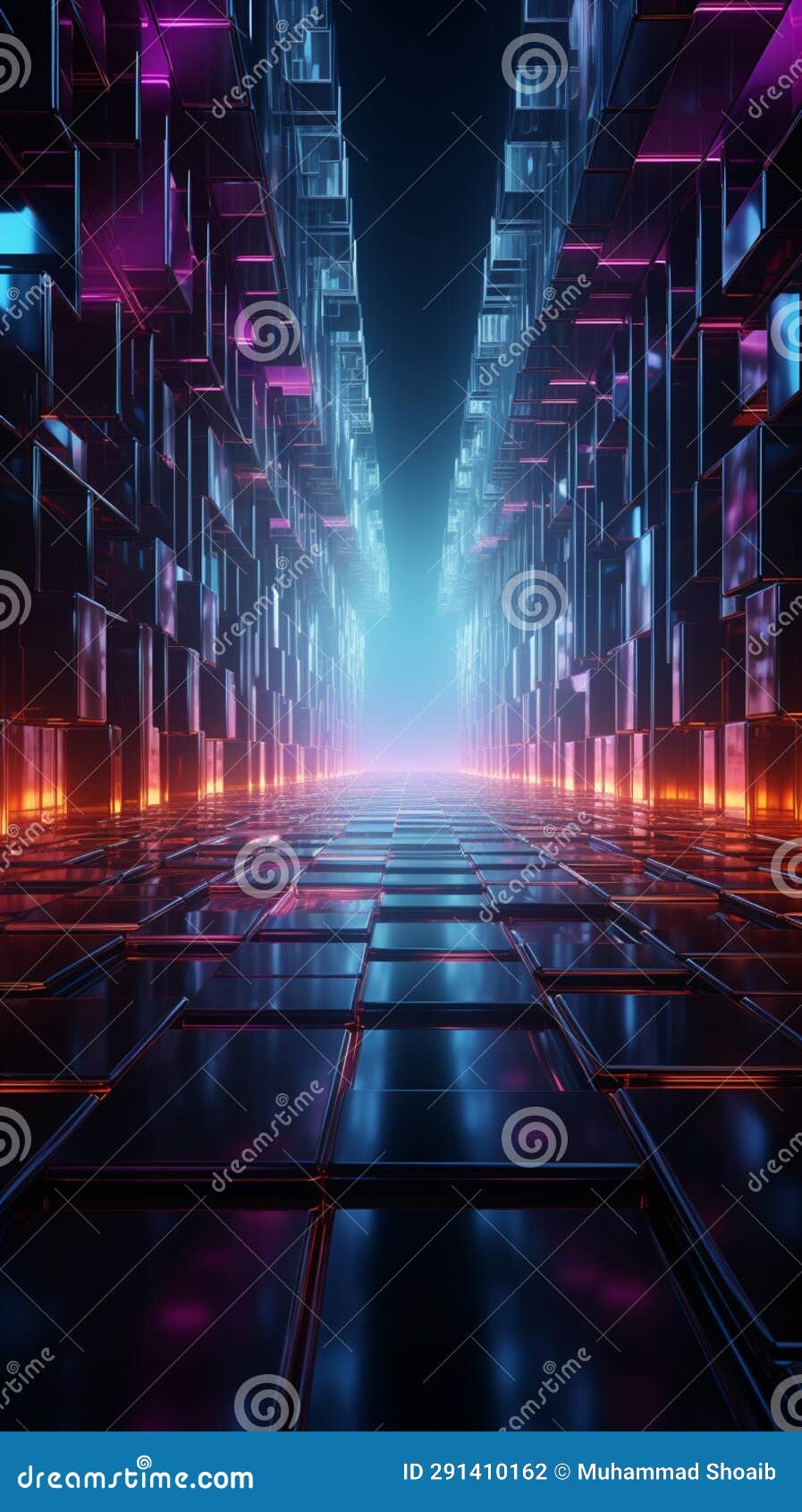 Endless Flight in a Neon-adorned Corridor, Ending at a Luminous Square ...