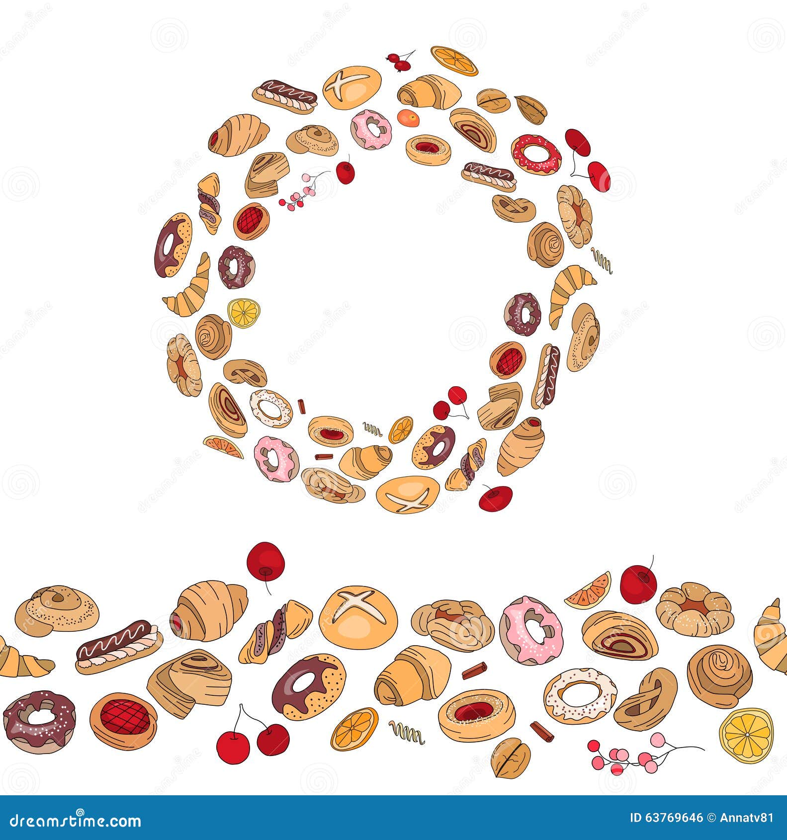 Endless Pattern Brush and Round Frame with Pastry Stock Illustration ...