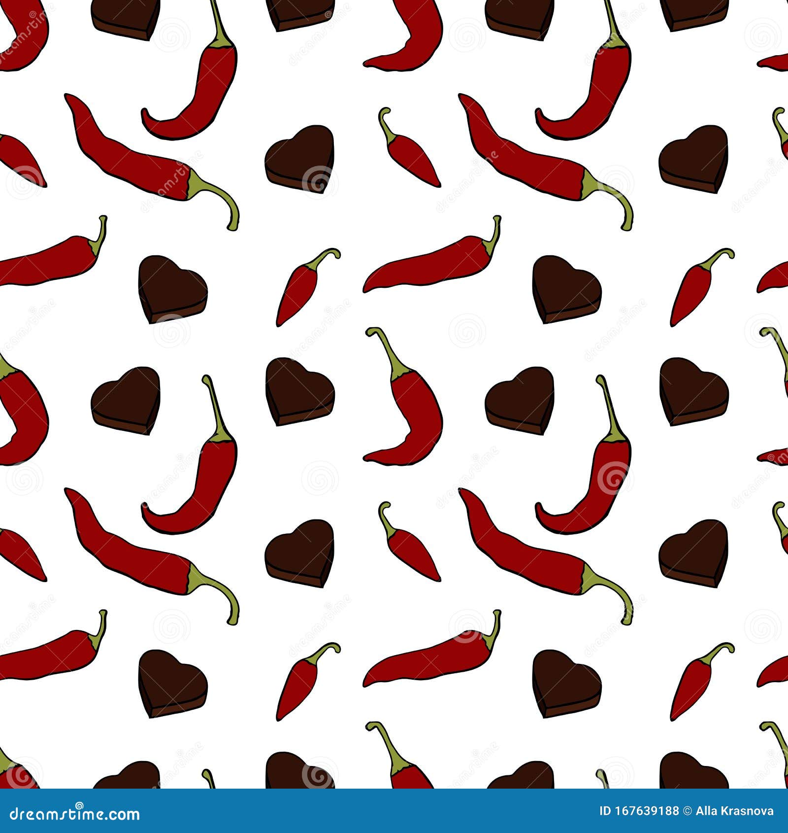 Endless Pattern with Spicy Pepper and Chocolate Candies, Hand Drawn ...