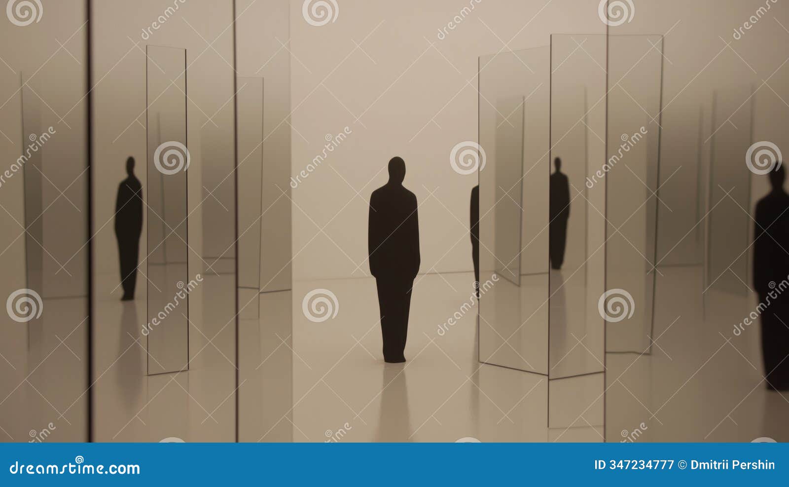 Endless Reflection: Labyrinth of Mirrors with Silhouetted Figure Stock ...