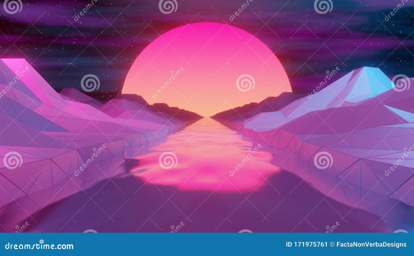 Endless Retro Style River with Bright Sun 3d Render Stock Illustration ...