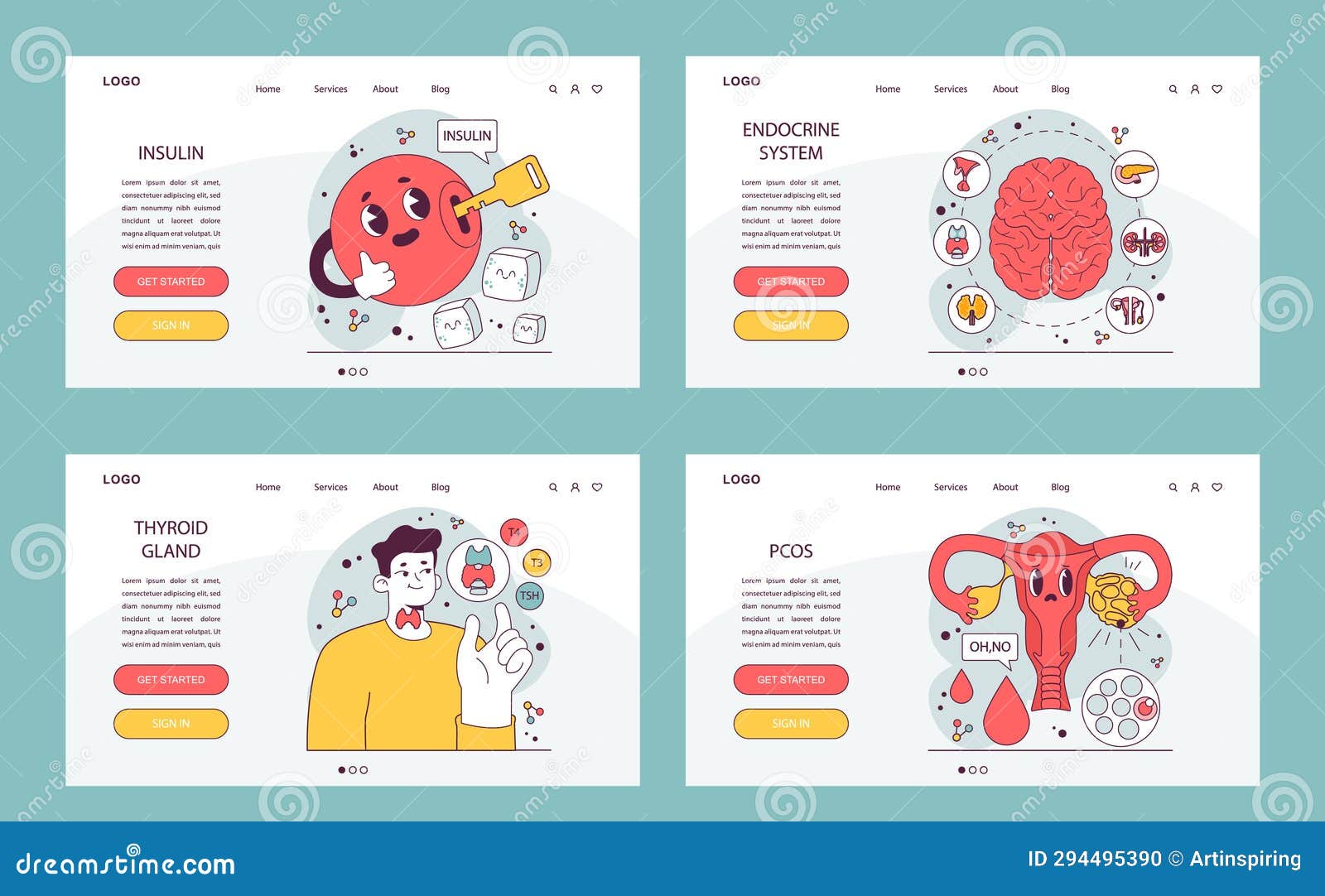 Endocrine System Organs and Disease Web Banner or Landing Page. Human ...