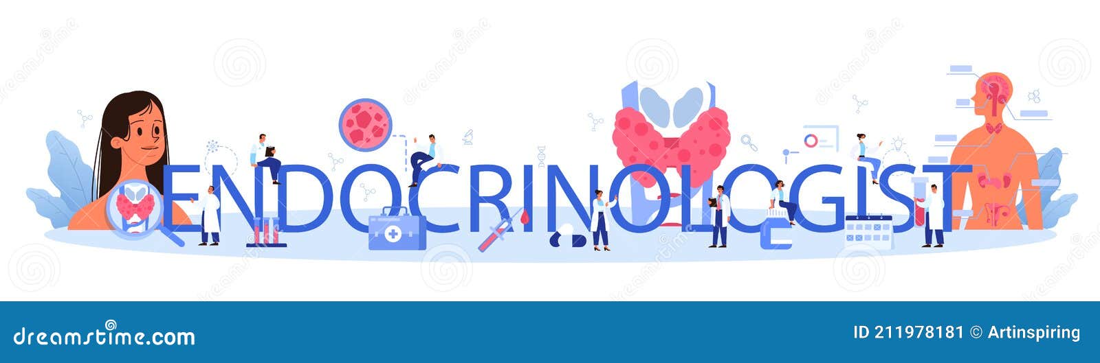 Endocrinology Typographic Header. Thyroid Gland Examination. Doctor ...